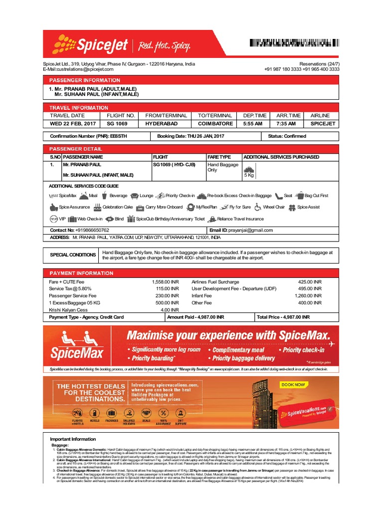 SpiceJet - E-Ticket - PNR EE6STH - 22 Feb 2017 Hyderabad-Coimbatore For ...