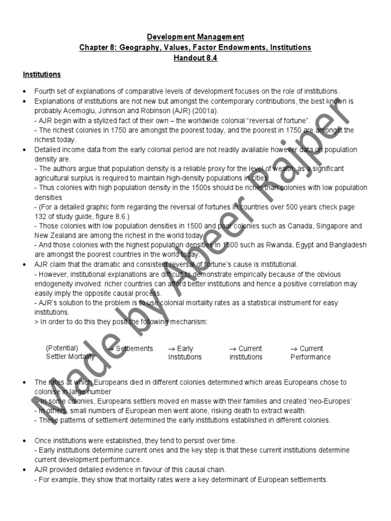 Development Management Chapter 8: Geography, Values, Factor Endowments, Institutions Handout 8.4 ...