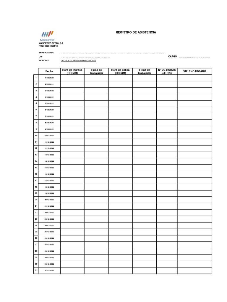 Formato de Control de Asistencia Dic | PDF
