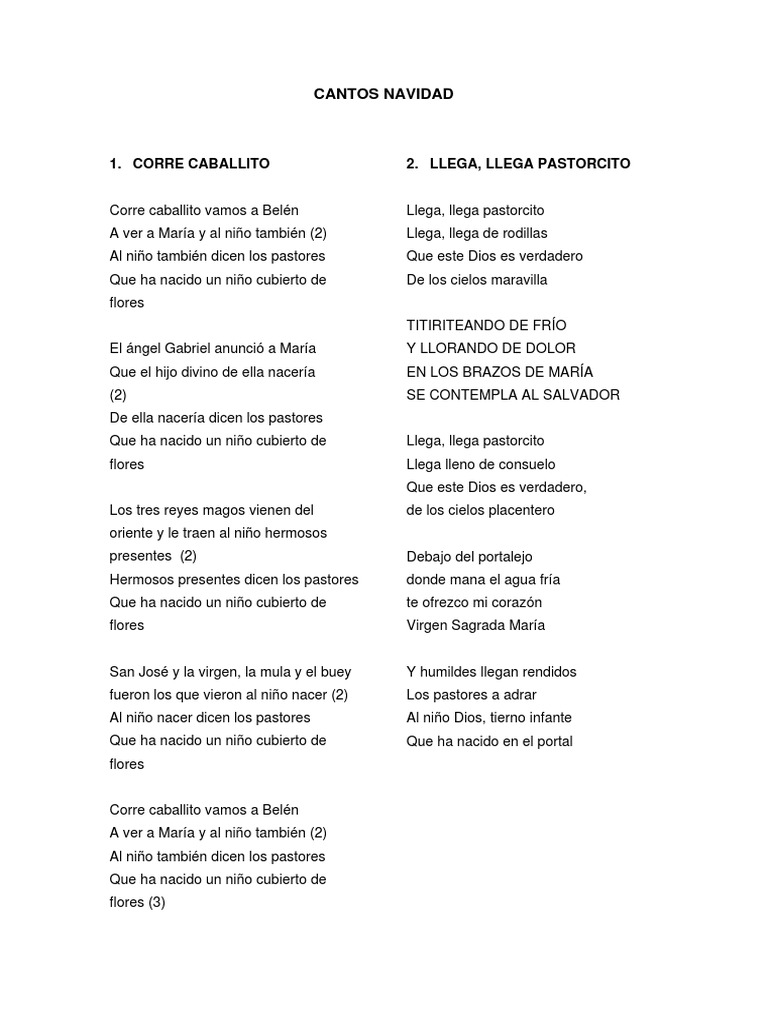 Cantos Navidad 1. Corre Caballito 2. Llega, Llega Pastorcito | PDF | María, madre de Jesús | Navidad