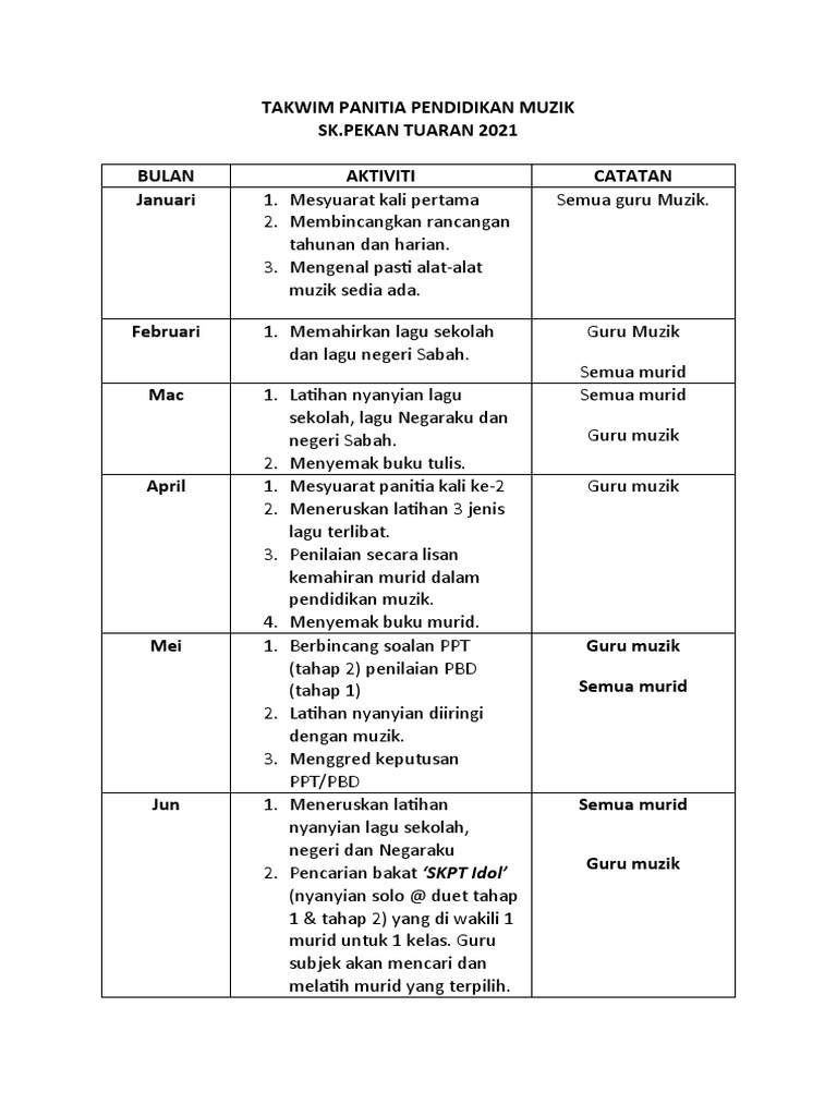 Takwim Panitia Pendidikan Muzik 2021 | PDF