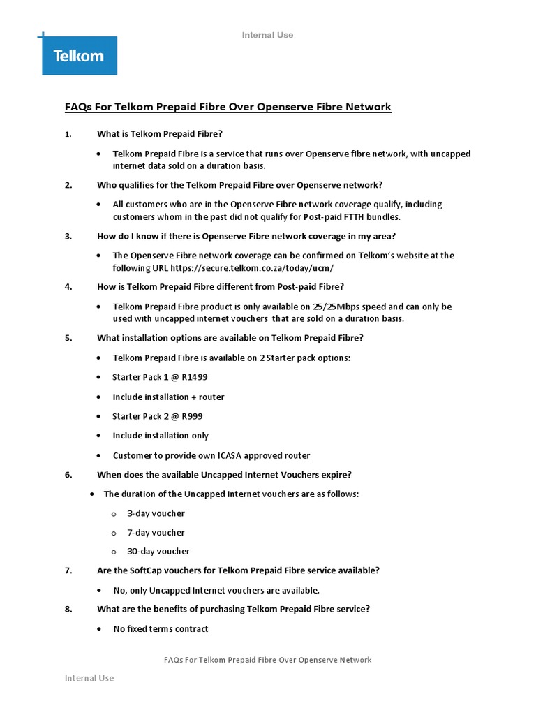 FAQs For Telkom Prepaid Fibre Over Openserve Fibre Network | PDF ...