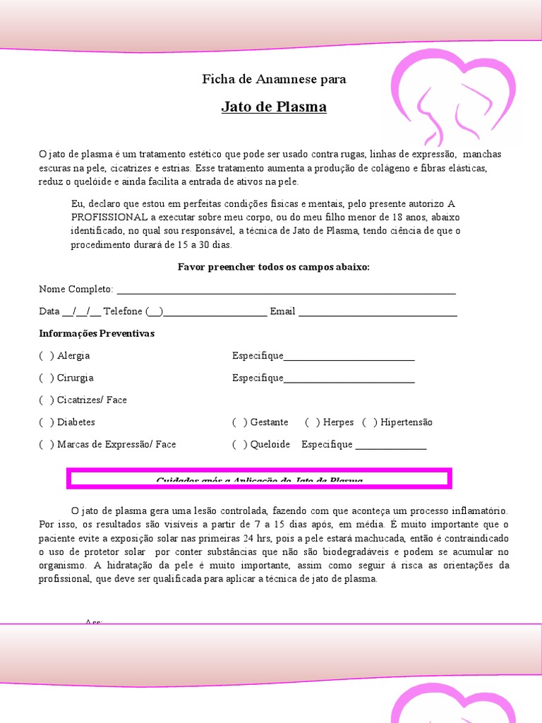 Ficha de Anamnese para Jato Plasma | PDF | Causas de morte | Ciências da Saúde
