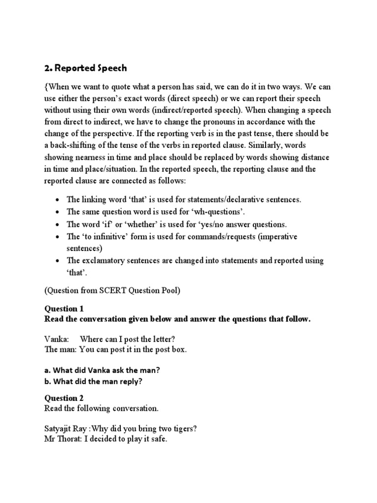 Worksheet On Reported Speech | Download Free PDF | Question | Language Mechanics