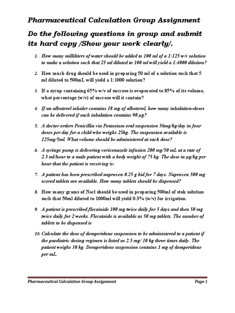 Pharmaceutical Calculation Assignment | PDF