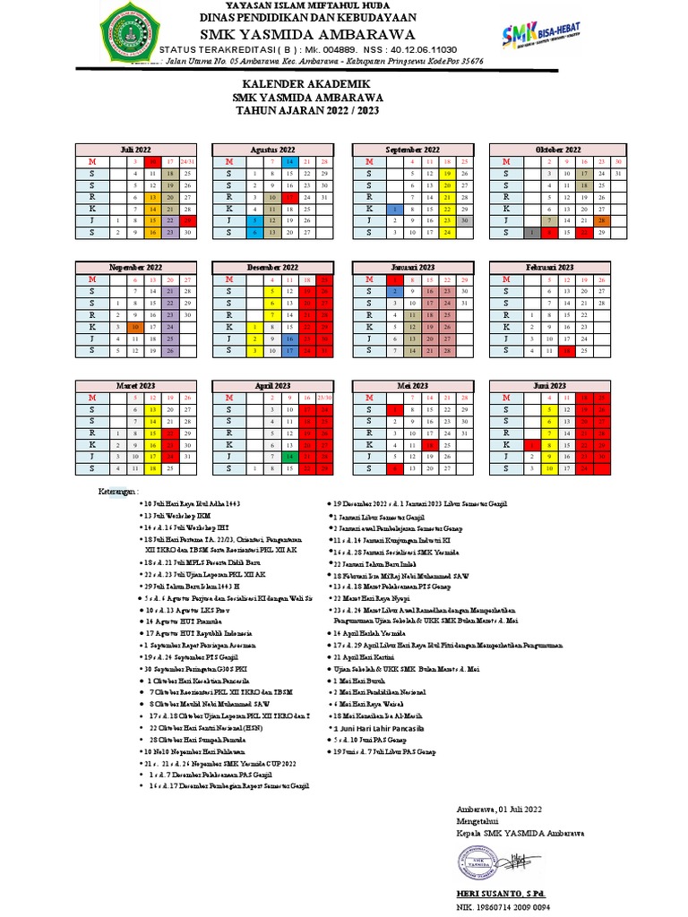 Kalender Akademik SMK Yasmida 22/23 | PDF
