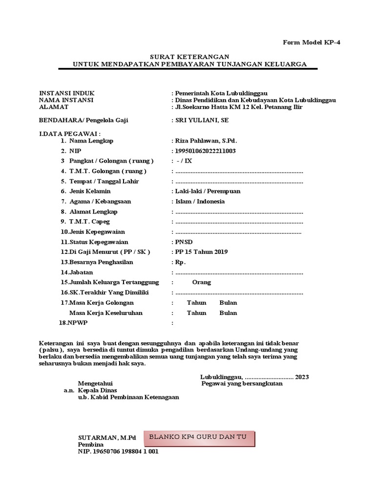 Blanko KP4 2023 - Sekolah | PDF