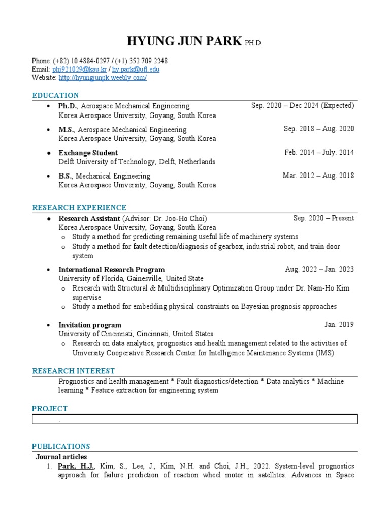 Hyung Jun Park: Aerospace PhD Profile | PDF | Engineering | Mechanical ...