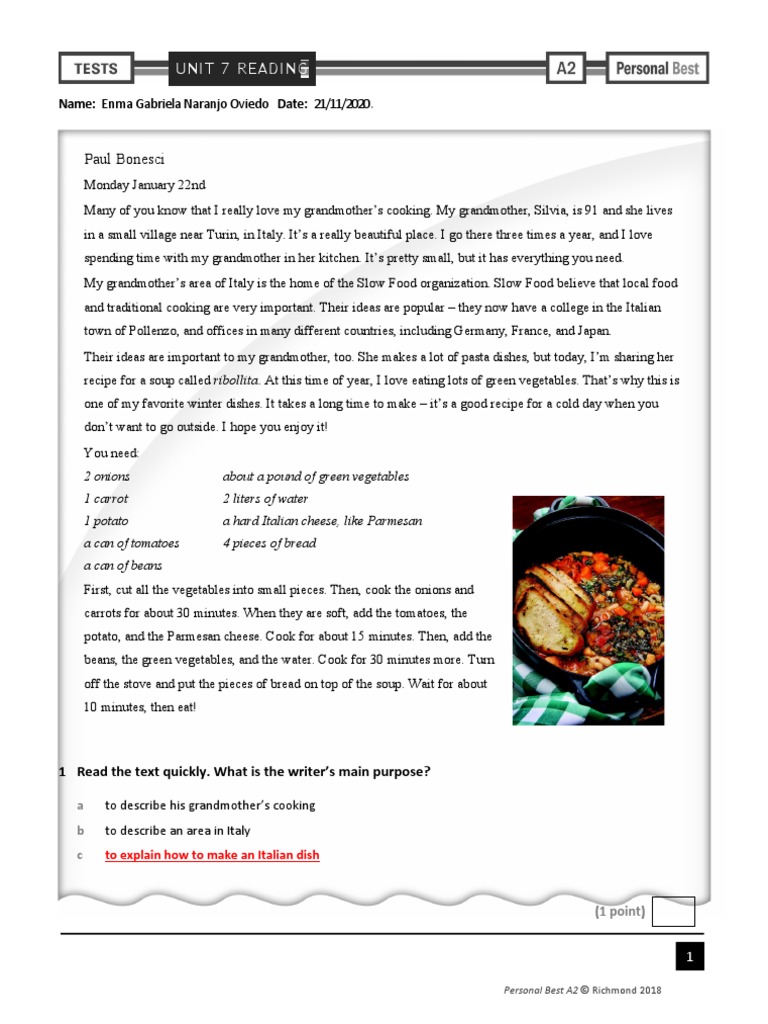 Personal Best A2 Unit 7 Reading Test | PDF | Cooking | Vegetables