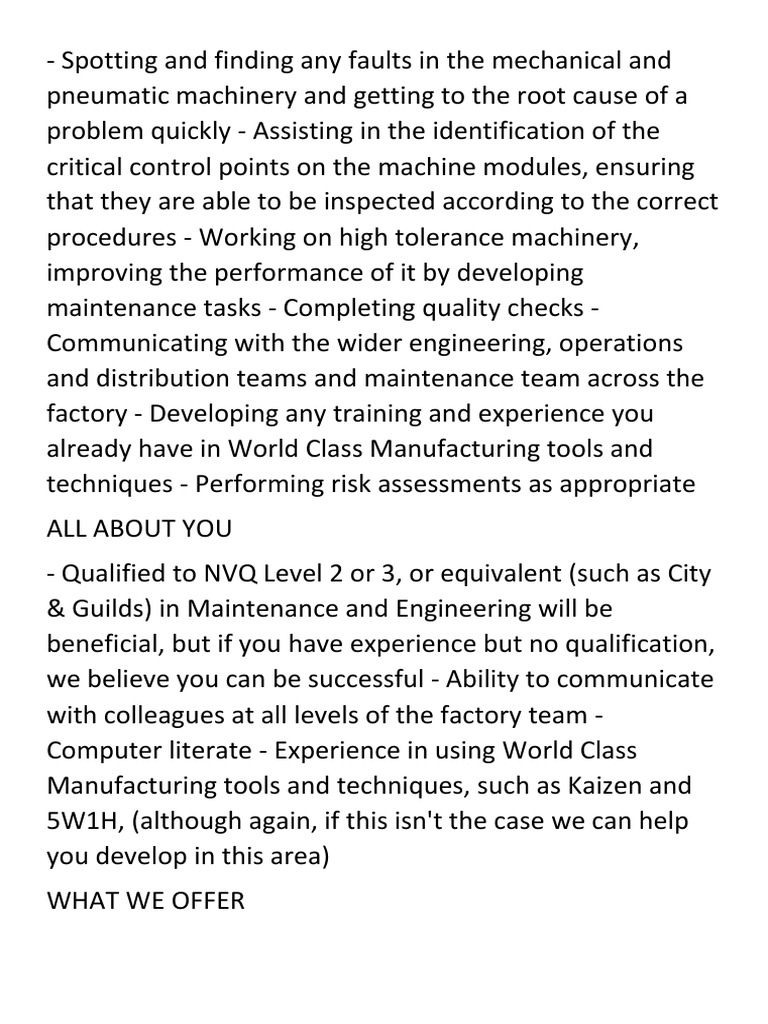 Technical Operator Job Description 3 | PDF