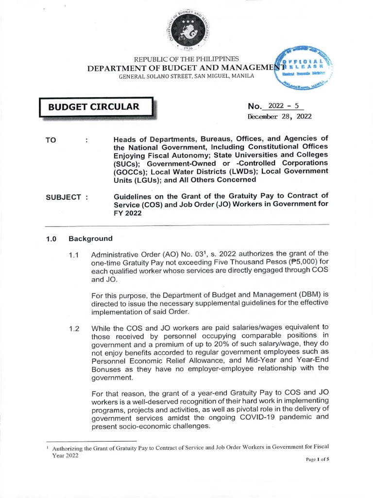 2022 Gratuity Pay Guidelines for COS/JO Workers | PDF | Employment | Gratuity