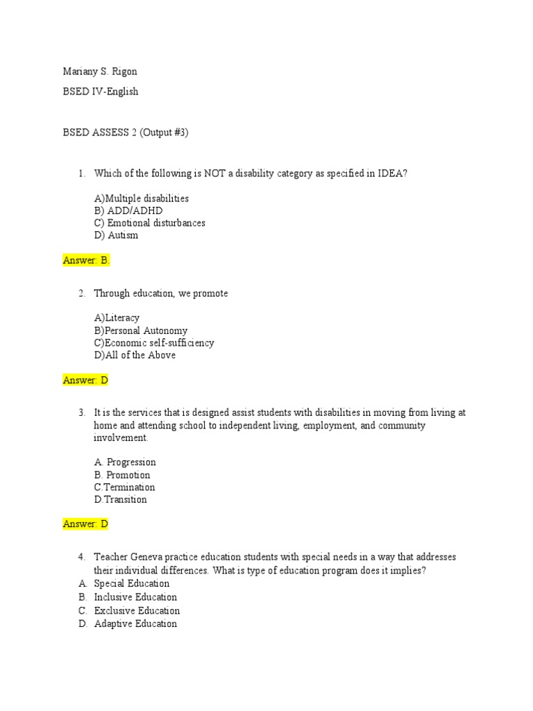 Special Education Quiz and Answers | PDF | Disability | Special Education