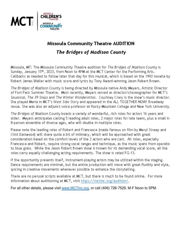 AUDITION MCT's 'The Bridges of Madison County' | PDF | Classics