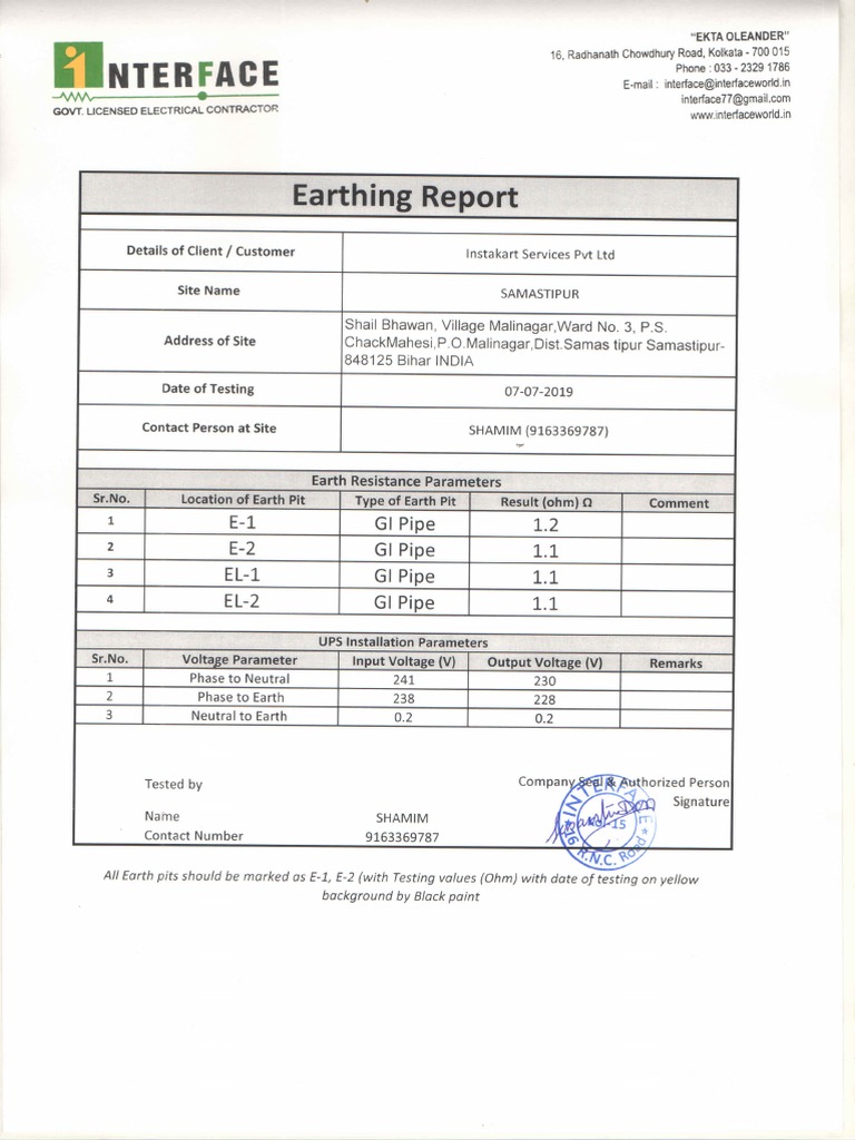 Earthing & Ups Report Sample Format | PDF