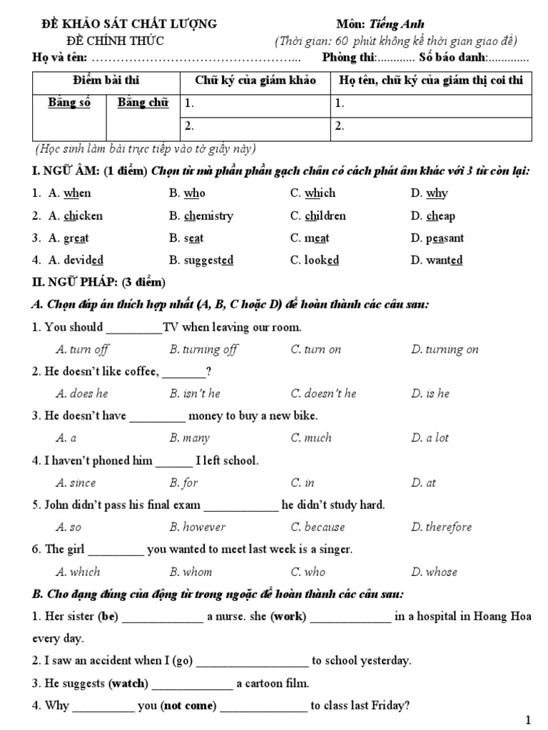 De Khao Sat Chat Luong Tieng Anh | PDF