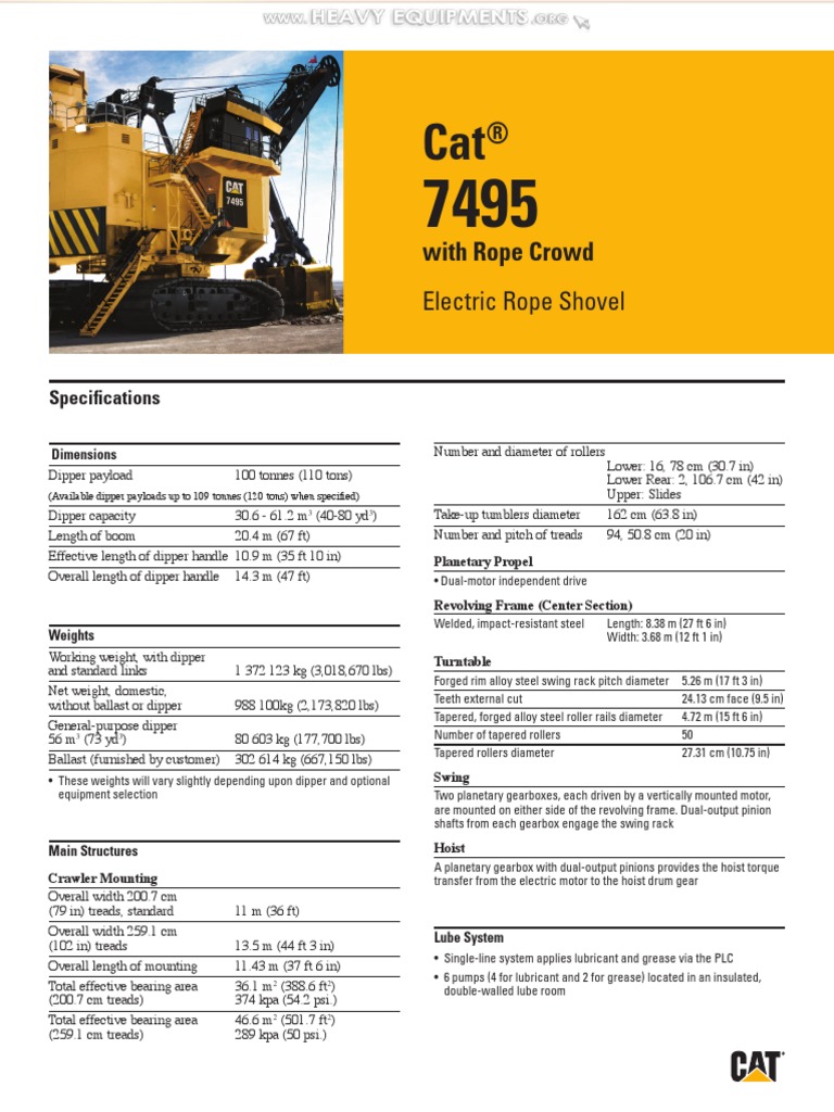 Catalog Specifications Caterpillar 7495 Electric Rope Shovel Rope Crowd ...