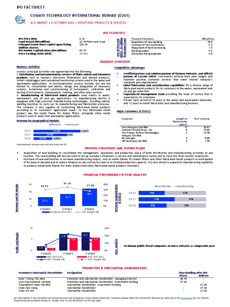 IPO Factsheet Cosmos Technology International Berhad | PDF | Economies | Business
