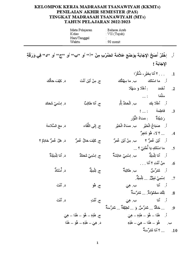 Soal PAS Bahasa Arab Kelas 7 Semester Ganjil Tahun Pelajaran 2022-2023 | PDF