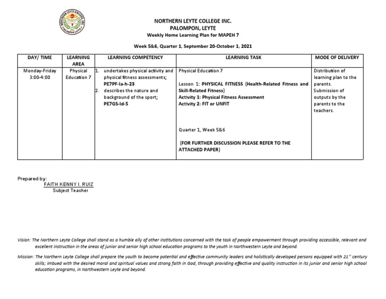 Learning Plan P.E. G7 Week 5-6 | PDF | Behavior Modification | Learning