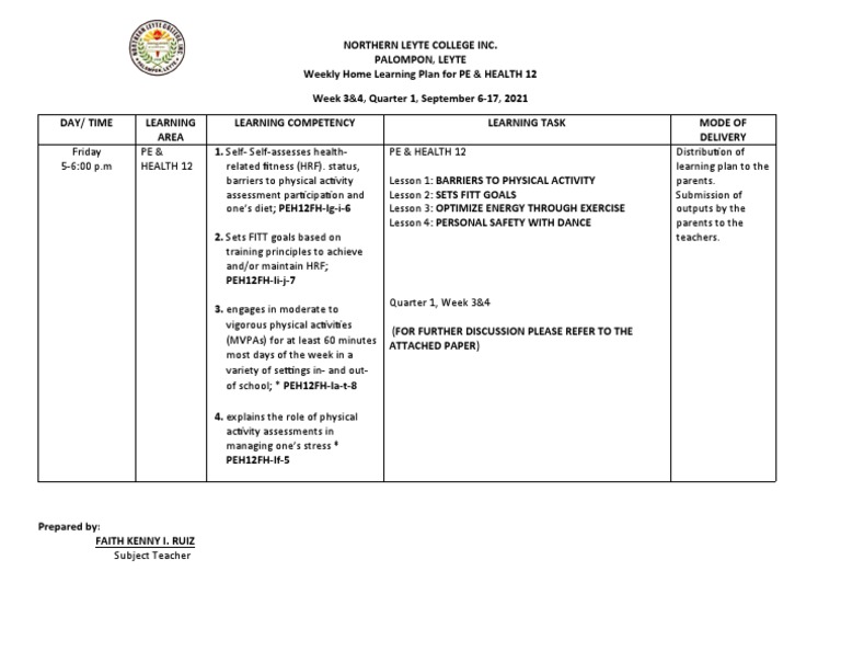 LEARNING PLAN G12 Quarter 1 WEEK 3 4 | PDF | Physical Education | Change