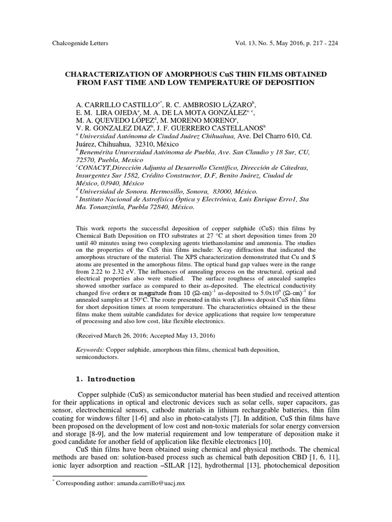 CuS Chalcogenide Letters 2016 | PDF | Thin Film | X Ray Photoelectron ...