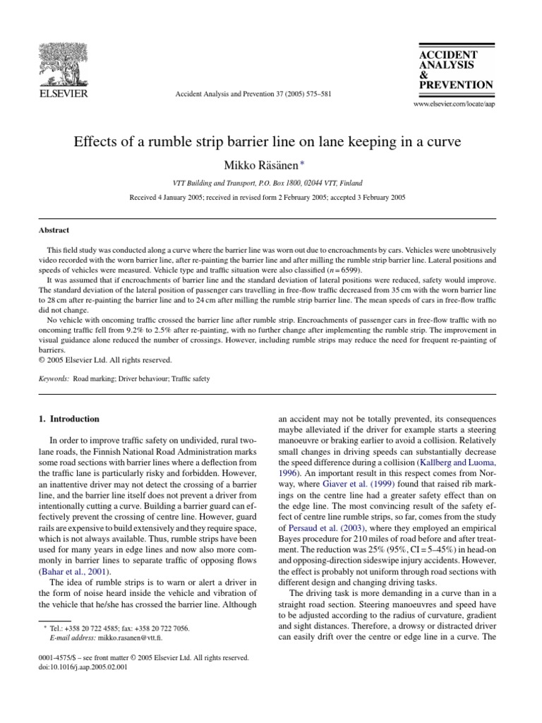 Effects of A Rumble Strip Barrier Line On Lane Keeping in A Curve ...