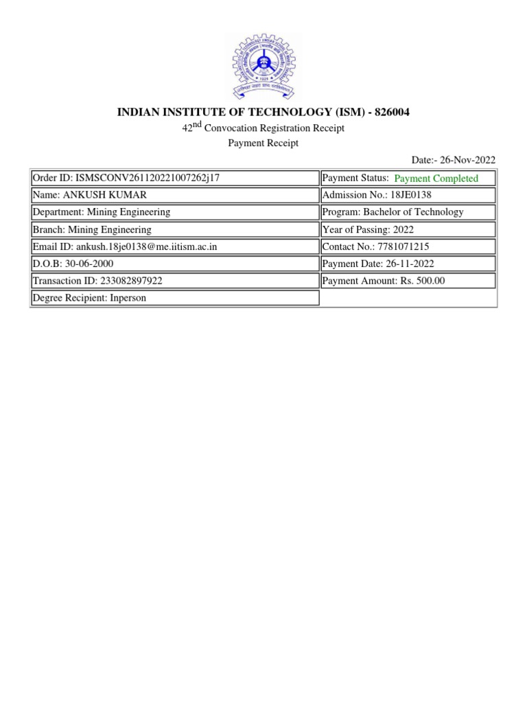 18JE0138 Convocation Payment Receipt | PDF