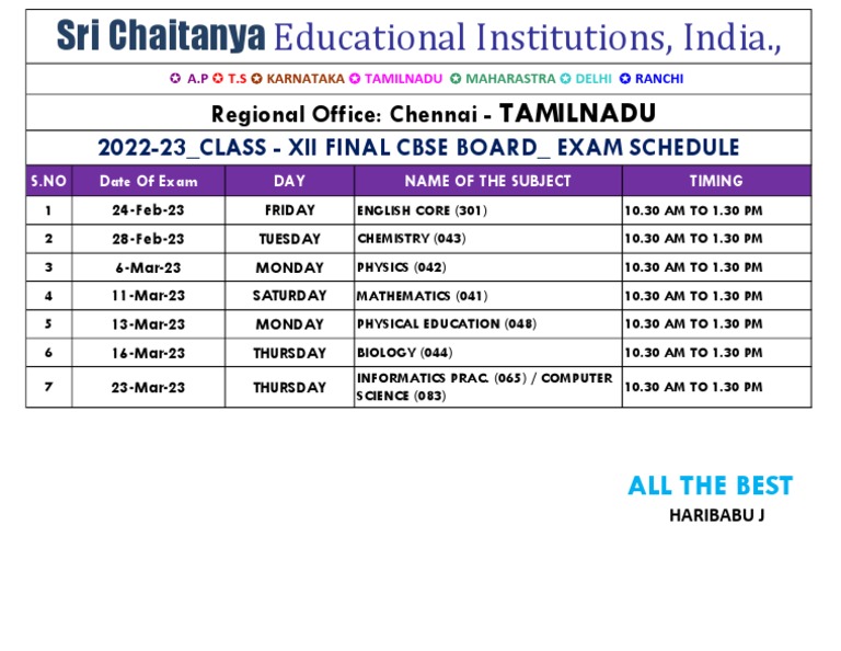 2022-23 - Class - Xii Final Cbse Board - Exam Schedule | PDF