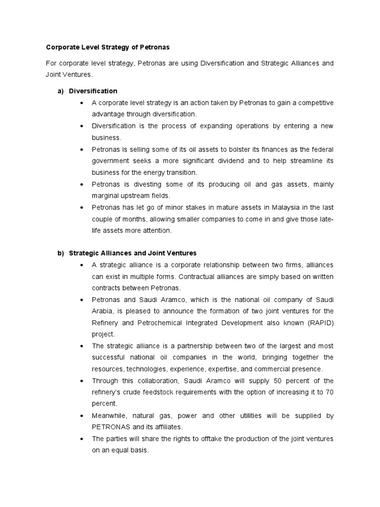 Petronas Corporate Strategy: Diversification and Strategic Alliances | PDF