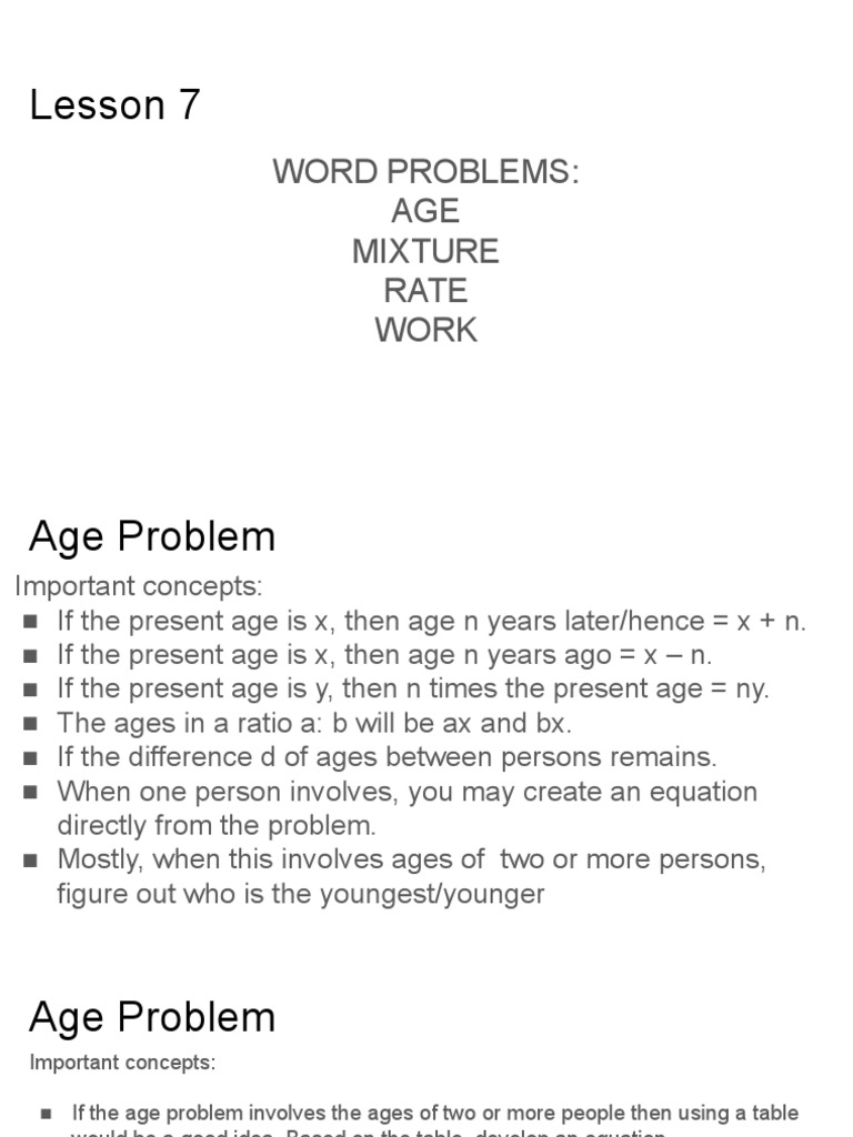 Lesson 7 Word Problem Age Work DistanceMixture | PDF | Mixture | Sugar