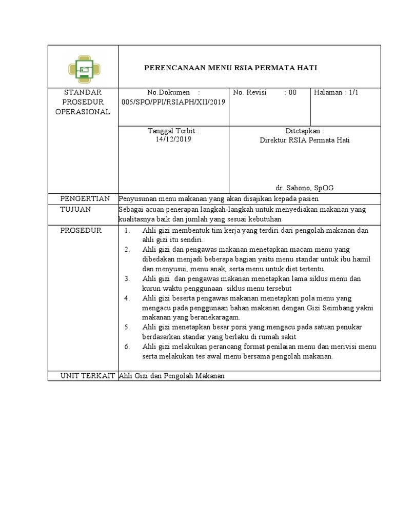 Sop Perencanaan Menu Rsia Permata Hati | PDF