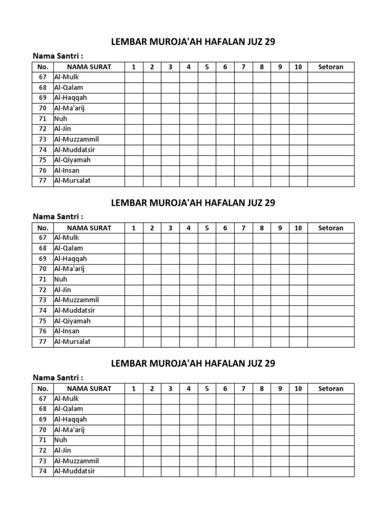 Lembar Muroja'Ah Juz 29 | PDF