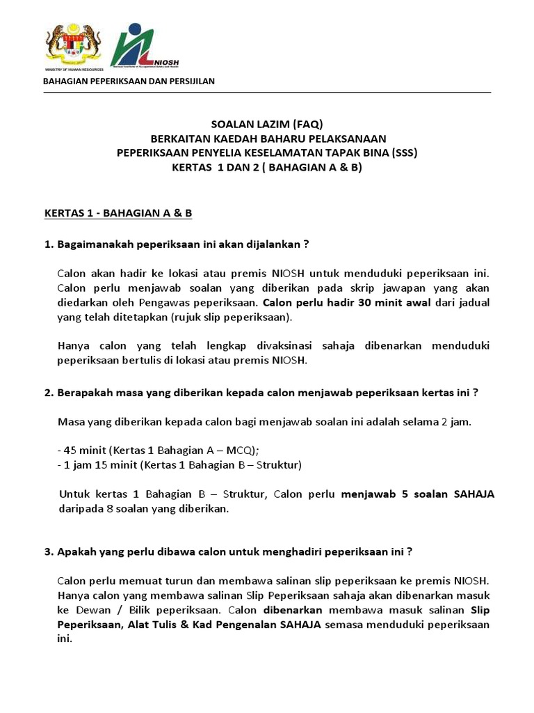 Panduan Peperiksaan SSS NIOSH 2025 | PDF