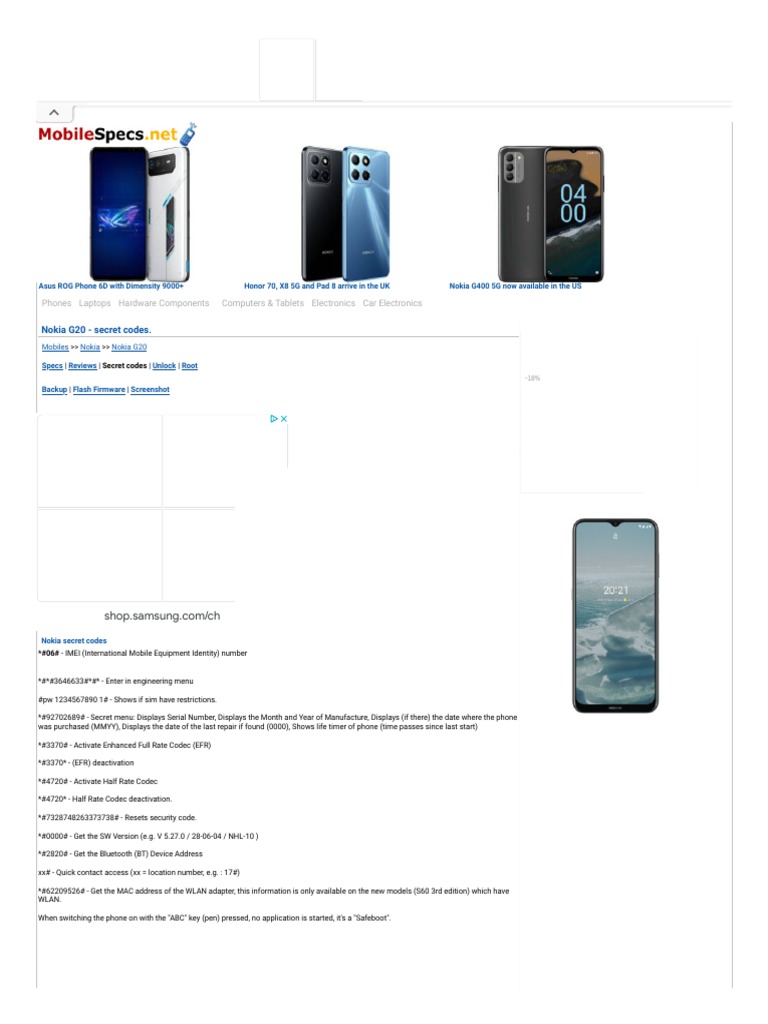 Nokia G20 Secret Codes | PDF | Nokia | Mobile App