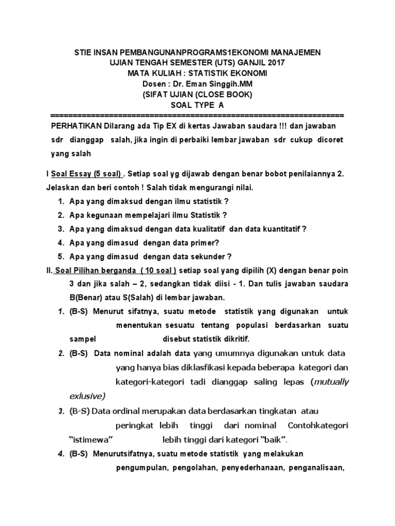 Soal Uts Stat Ekonomi Type A 25 Okt 2021 | PDF | Metode & Bahan Ajar