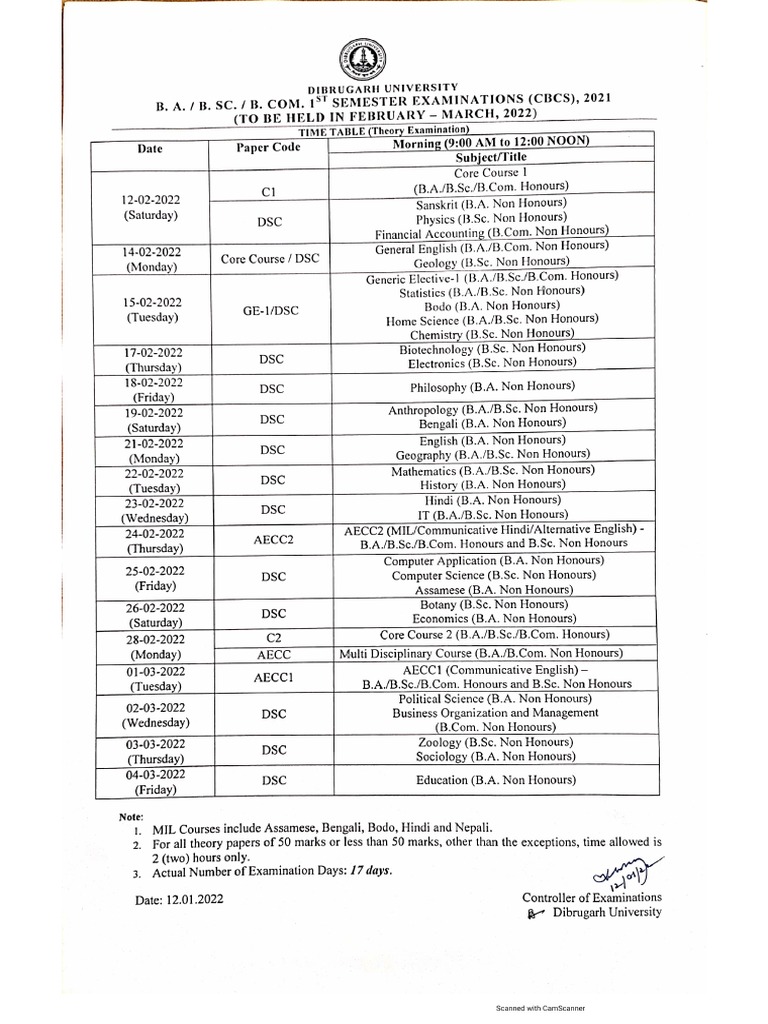 1st Semester Exam. Time Table CBCS 2022 For Nov. Dec. 2021 | PDF