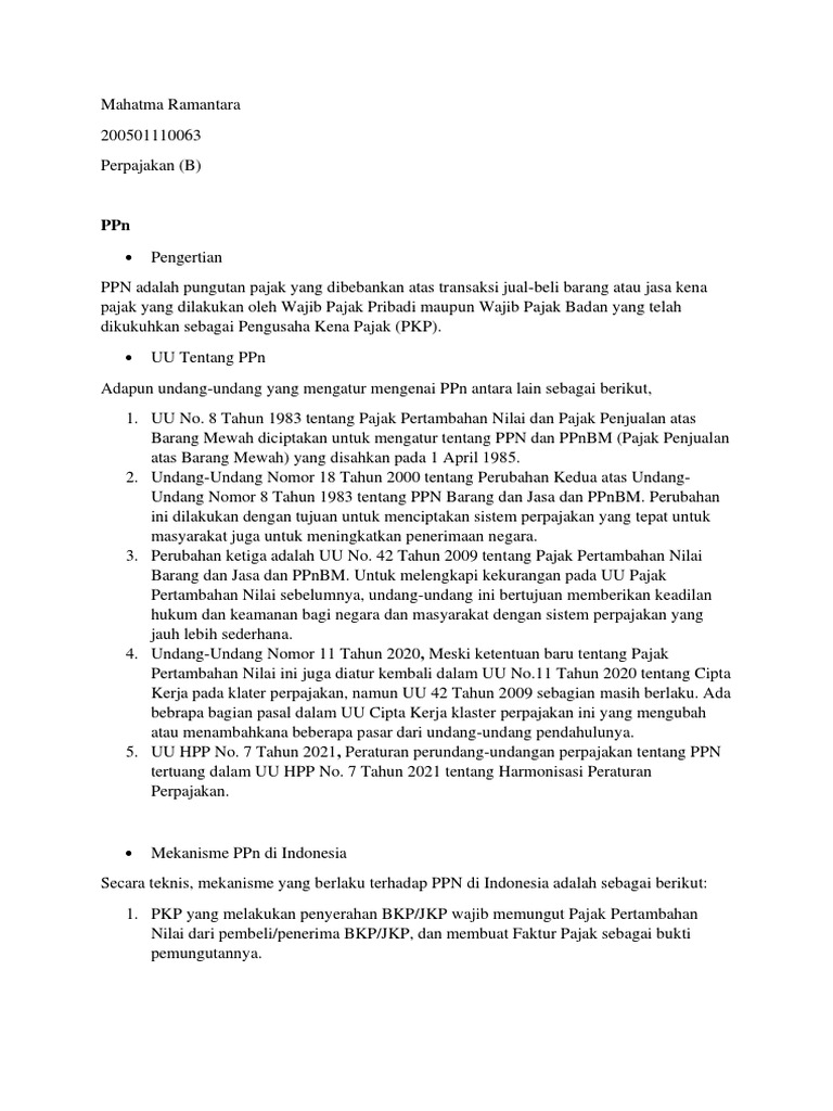 Tugas Resume Perpajakan PPN Dan PPNBM Mahatma Ramantara - 200501110063 | PDF | Bisnis
