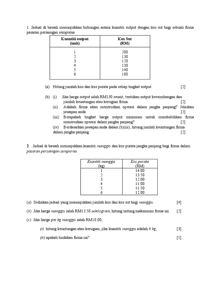 Kuantiti Output (Unit) Kos Sut (RM) | PDF