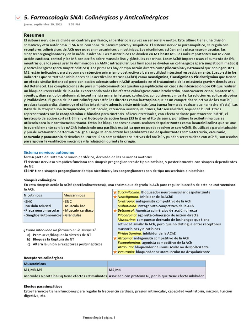 Farmacología SNA Colinérgicos y Anticolinérgicos | PDF | Acetilcolina ...