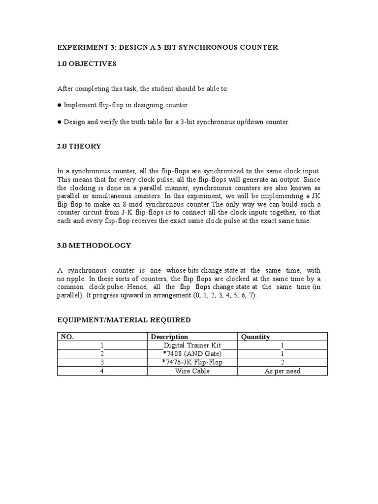 Experiment 3: Design A 3-Bit Synchronous Counter 1.0 Objectives | PDF | Electronic Circuits ...