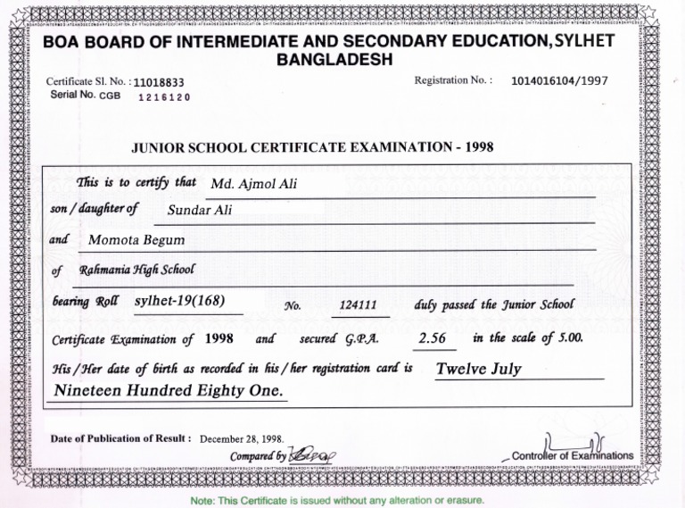 JSC Certificate | PDF