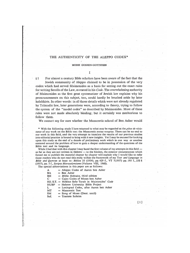 M.H. Goshen-Gottstein. 1960. "The Authenticity of The Aleppo Codex." Textus, 1, Pp. 17-58 | PDF