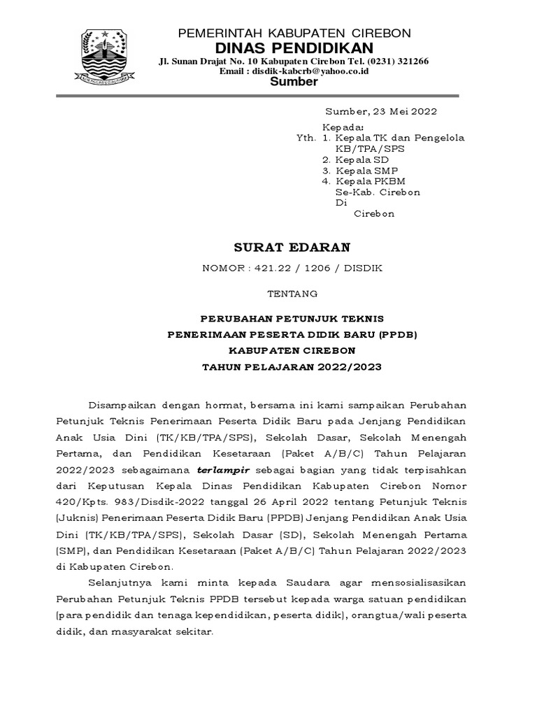 0000 - Surat Edaran-Perubahan Juknis PPDB SMP TP 2022-2023 | PDF