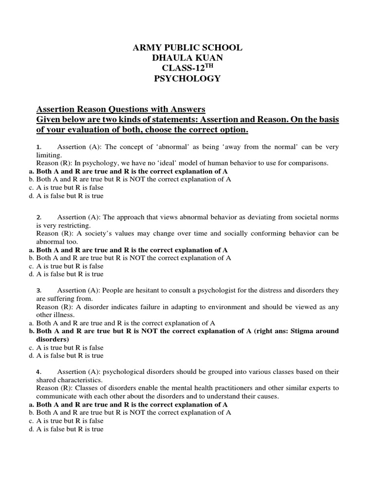 Assertion Reason Questions Chapter-4-7 | PDF | Psychotherapy | Humanistic Psychology