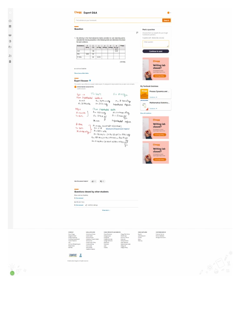 Screencapture Chegg Homework Help Questions and Answers 1 Referring Thermodynamics Tables ...
