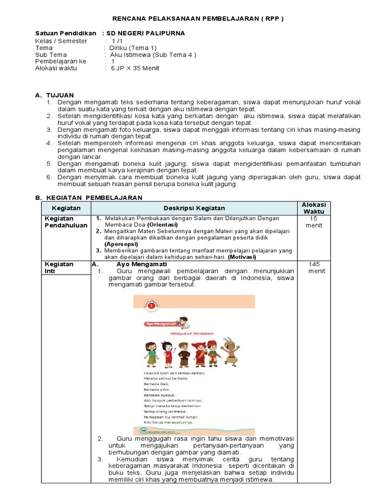 RPP Kelas 1 Tema 1 Subtema 4 | PDF