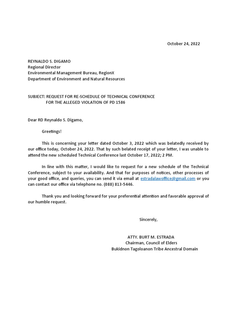 DENR Letter Request Re-Schedule | PDF