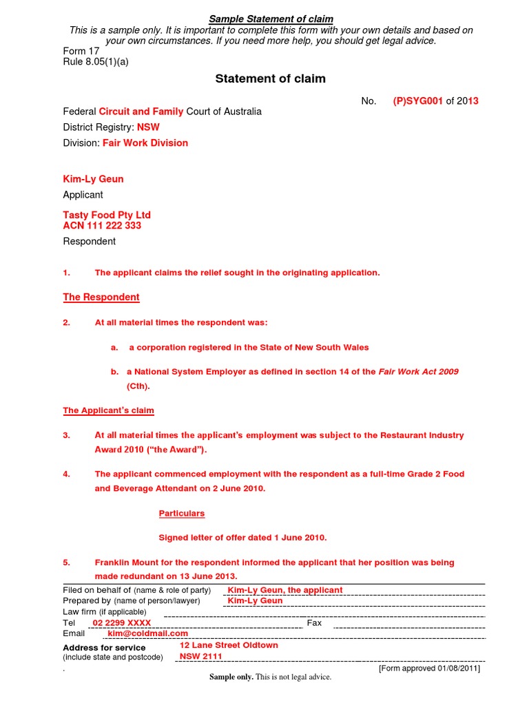 Sample Statement of Claim Template | PDF | Labor | Justice