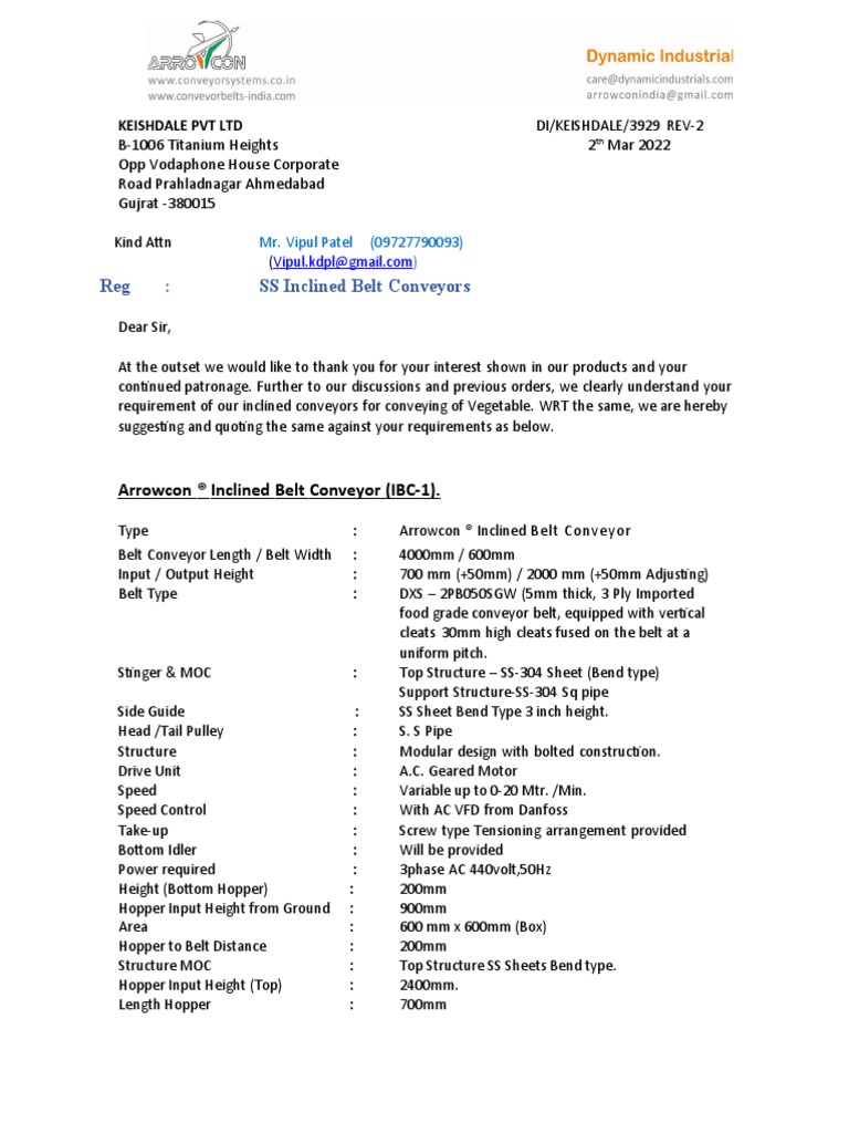 Reg: SS Inclined Belt Conveyors: Keishdale PVT LTD DI/KEISHDALE/3929 ...