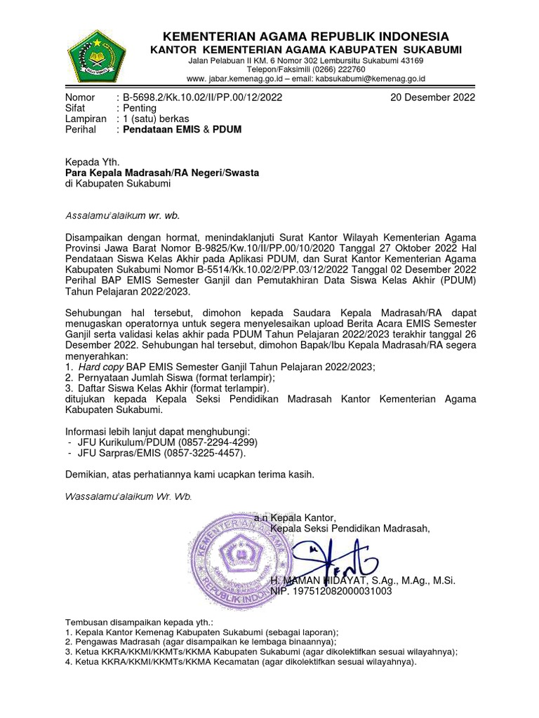 Surat Pendataan EMIS & PDUM 2022-2023 | PDF